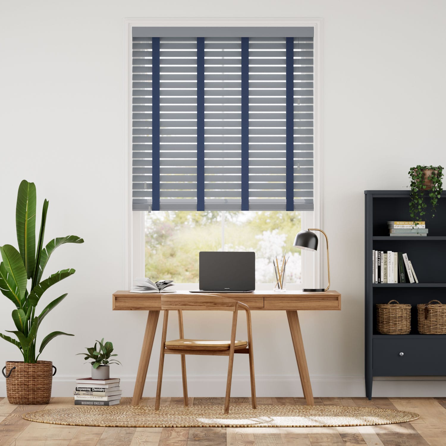 Urban Grey & Oxford Blue Faux Wood Blind | Blinds 2go Ireland