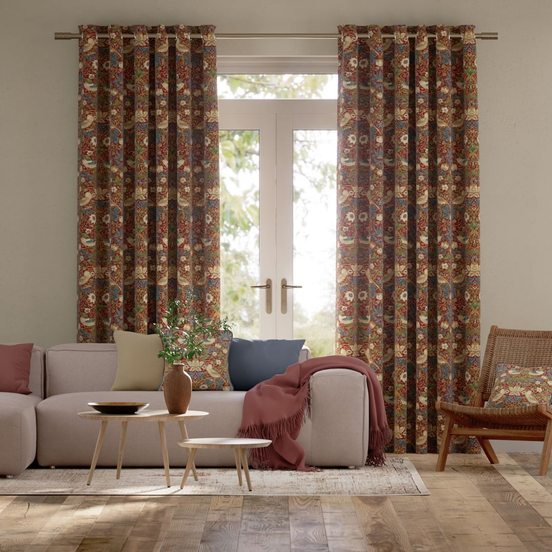 William Morris Strawberry Thief Harissa Red Curtains | Blinds 2go