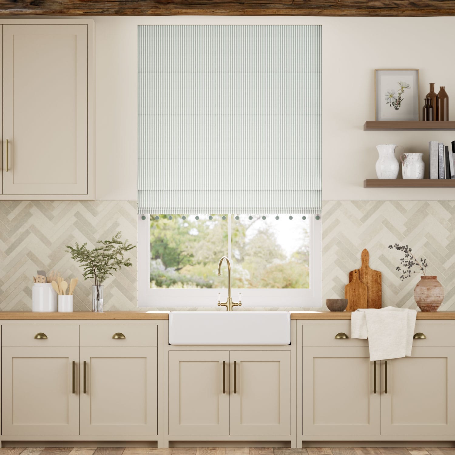 Devon Stripe Dove & Ocean Trimmed Roman Blind | Blinds 2go Ireland